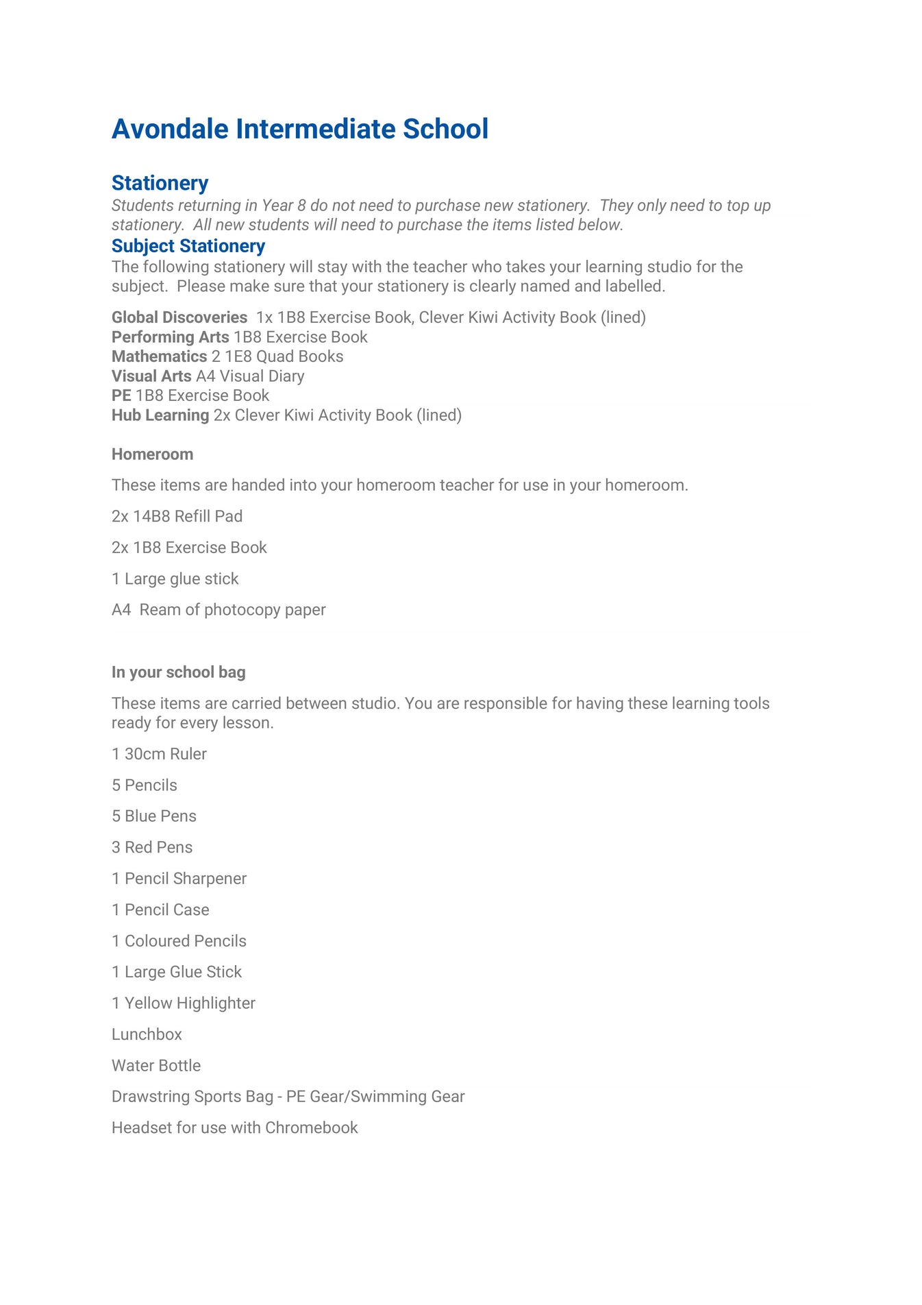 Avondale Intermediate School AI New Enrolment Stationery Pack 2025 ...