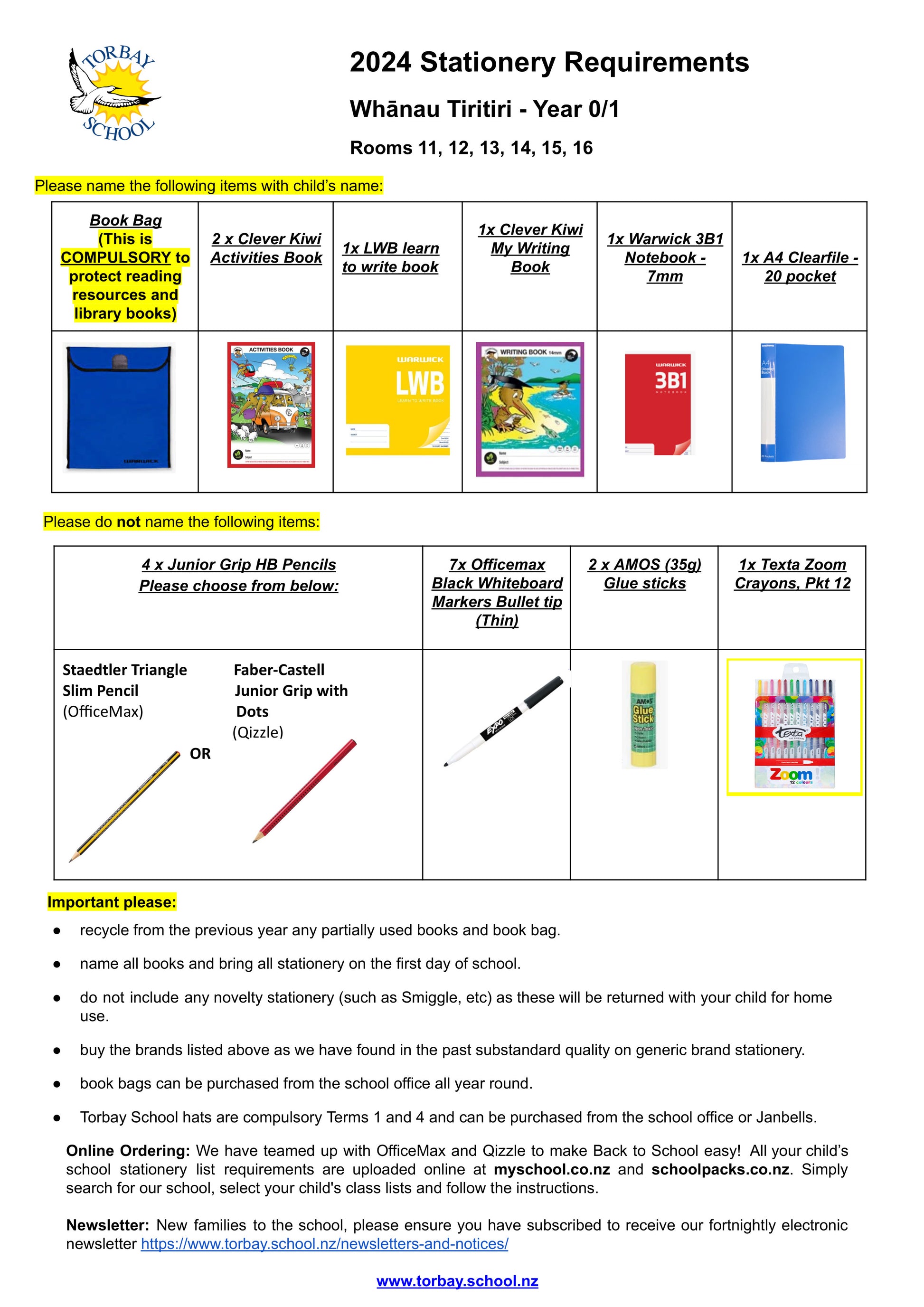 Torbay Primary School Stationery Pack 2024 Year 0 & 1 – School Depot NZ