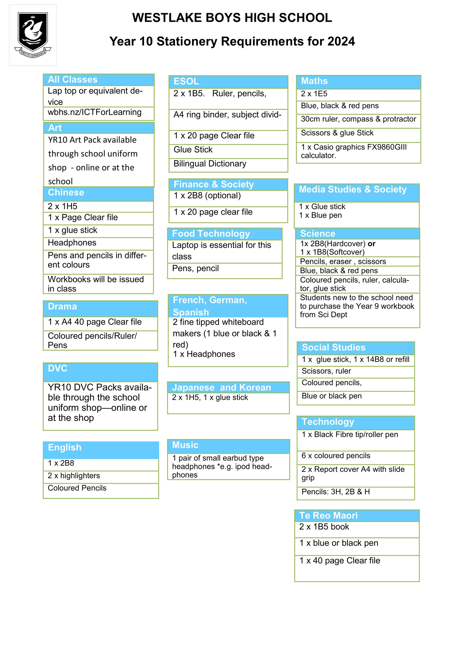 Westlake Boys High School Stationery Pack 2024 Year 10 – School Depot NZ