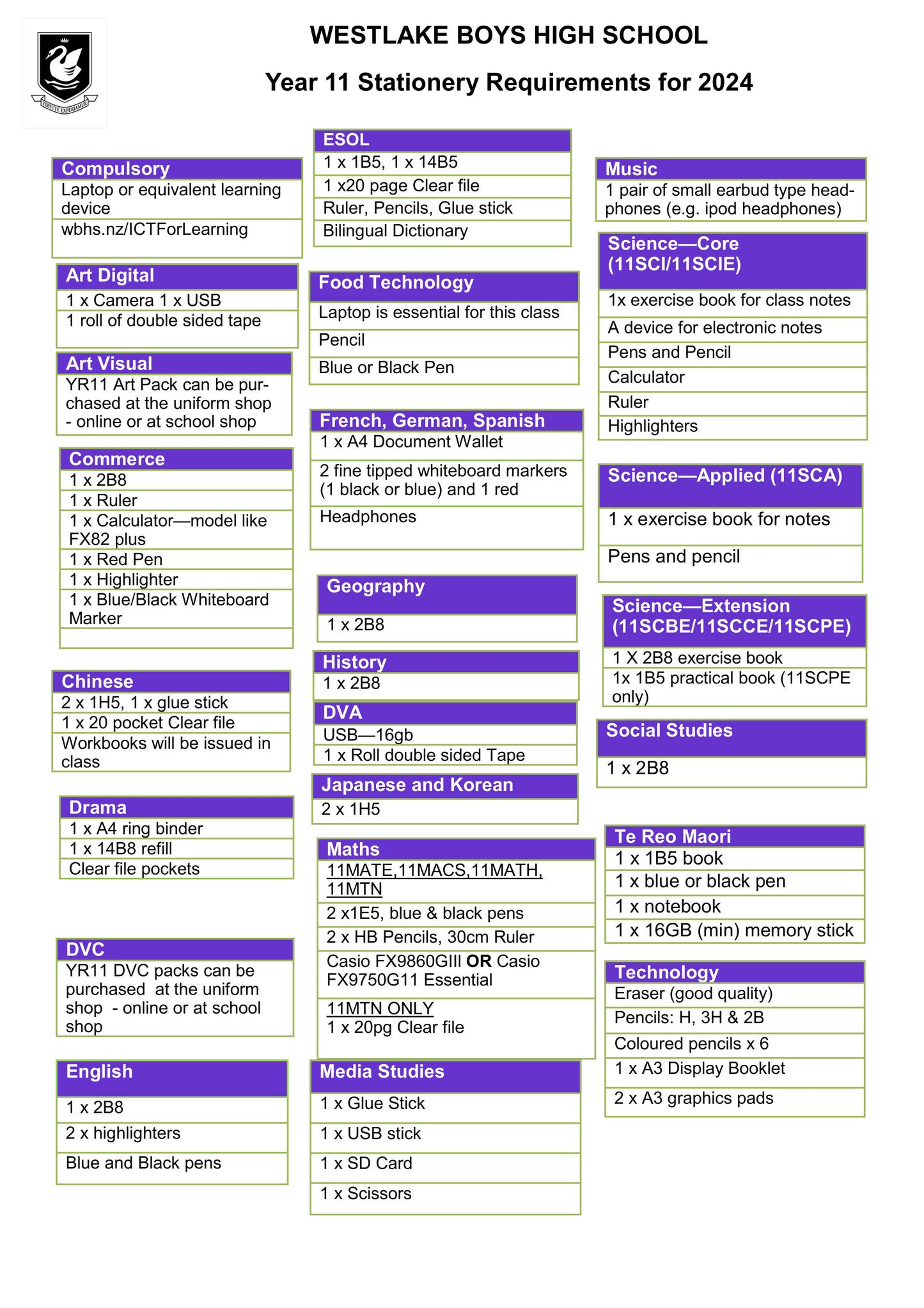 Westlake Boys High School Stationery Pack 2024 Year 11 – School Depot NZ